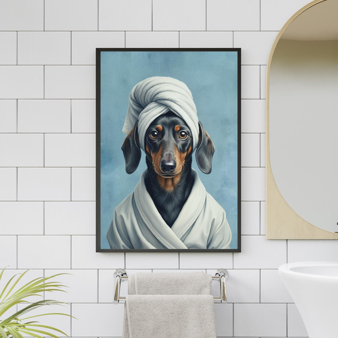 Dachshund Dog Bathroom Spa Wall Art, Dog in Bathrobe and Head Wrap ...