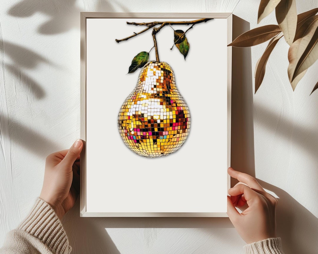 Disco Ball Golden Pear Art Print Poster, Glam Disco Pear Fruit, Preppy ...