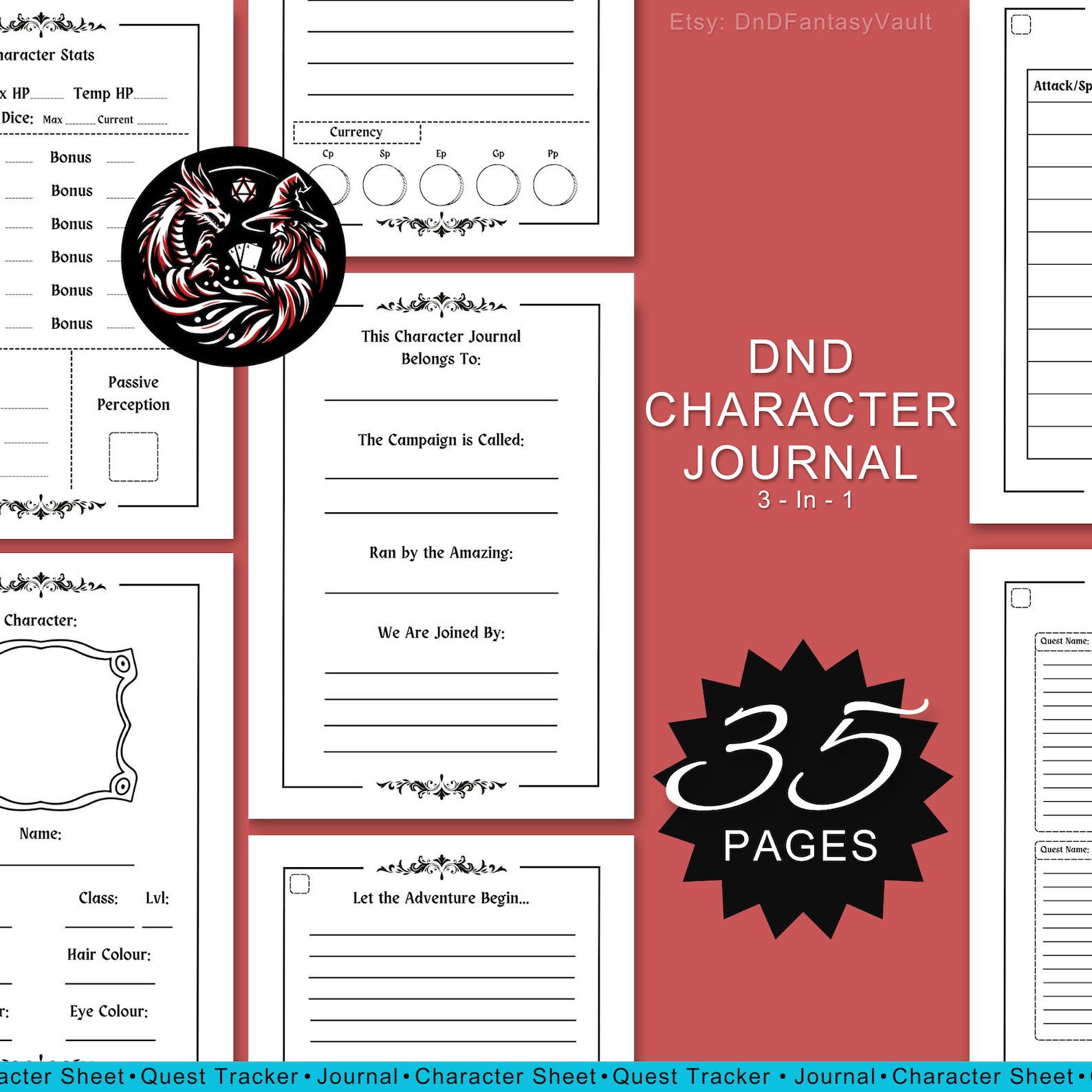DND Printable Character Journal DND Character Sheet DND Quest Tracker ...