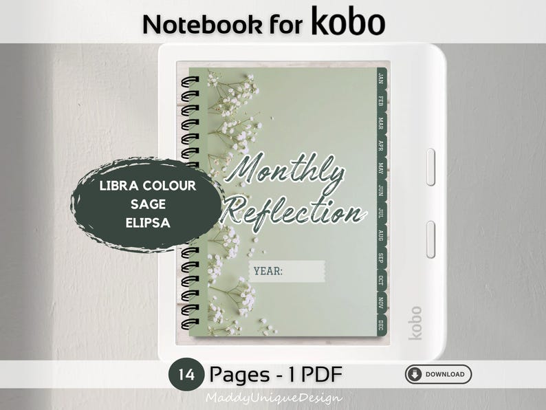 Digital Journal for Kobo Libra Colour, Monthly Reflection Notebook ...