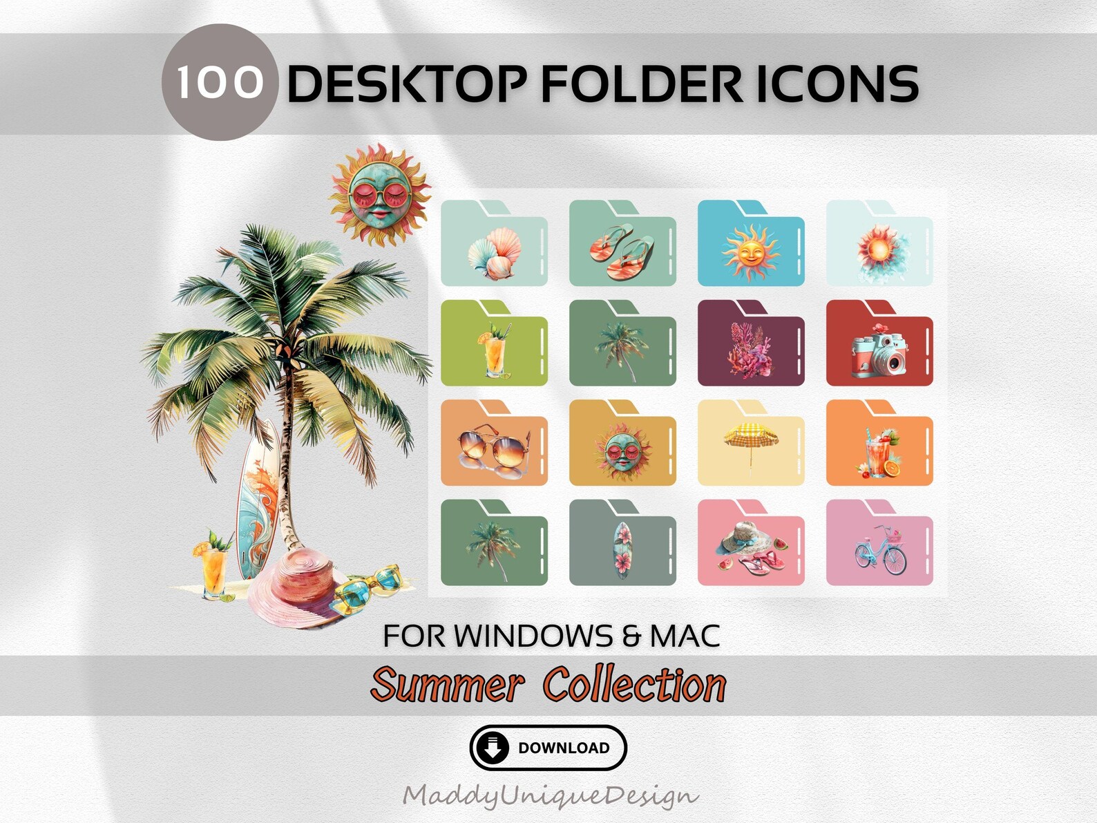 Summer Desktop Folder Icons, Colorful Desktop Icons, Beach Folder Icon ...