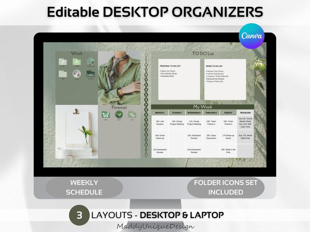 EDITABLE Desktop Wallpaper Organizer Green Template Weekly Schedule for ...