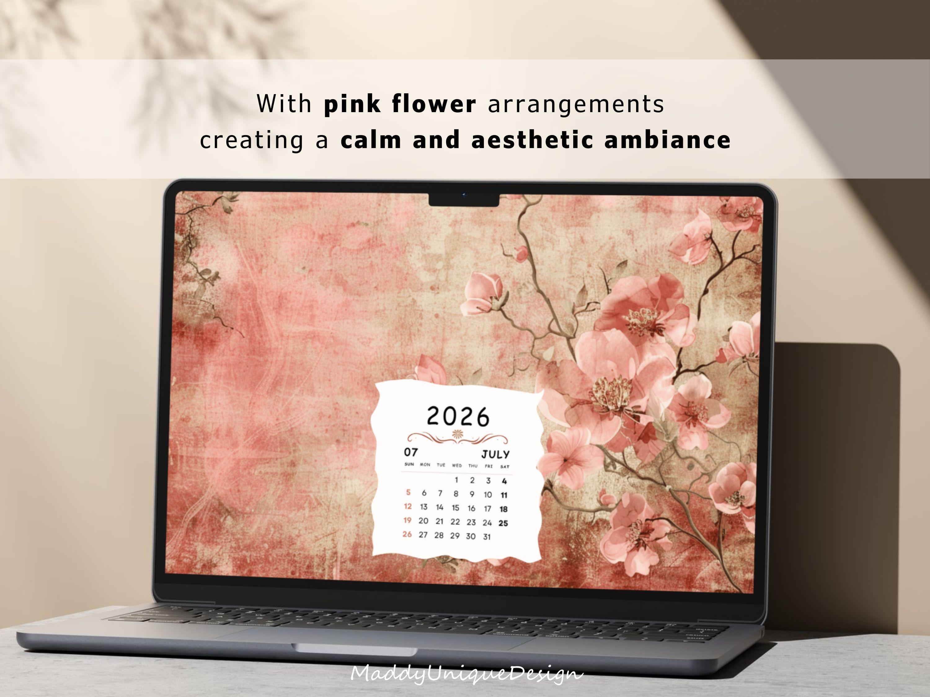 2026 Calendar Floral Desktop Wallpaper, Pink Monthly Calendar ...