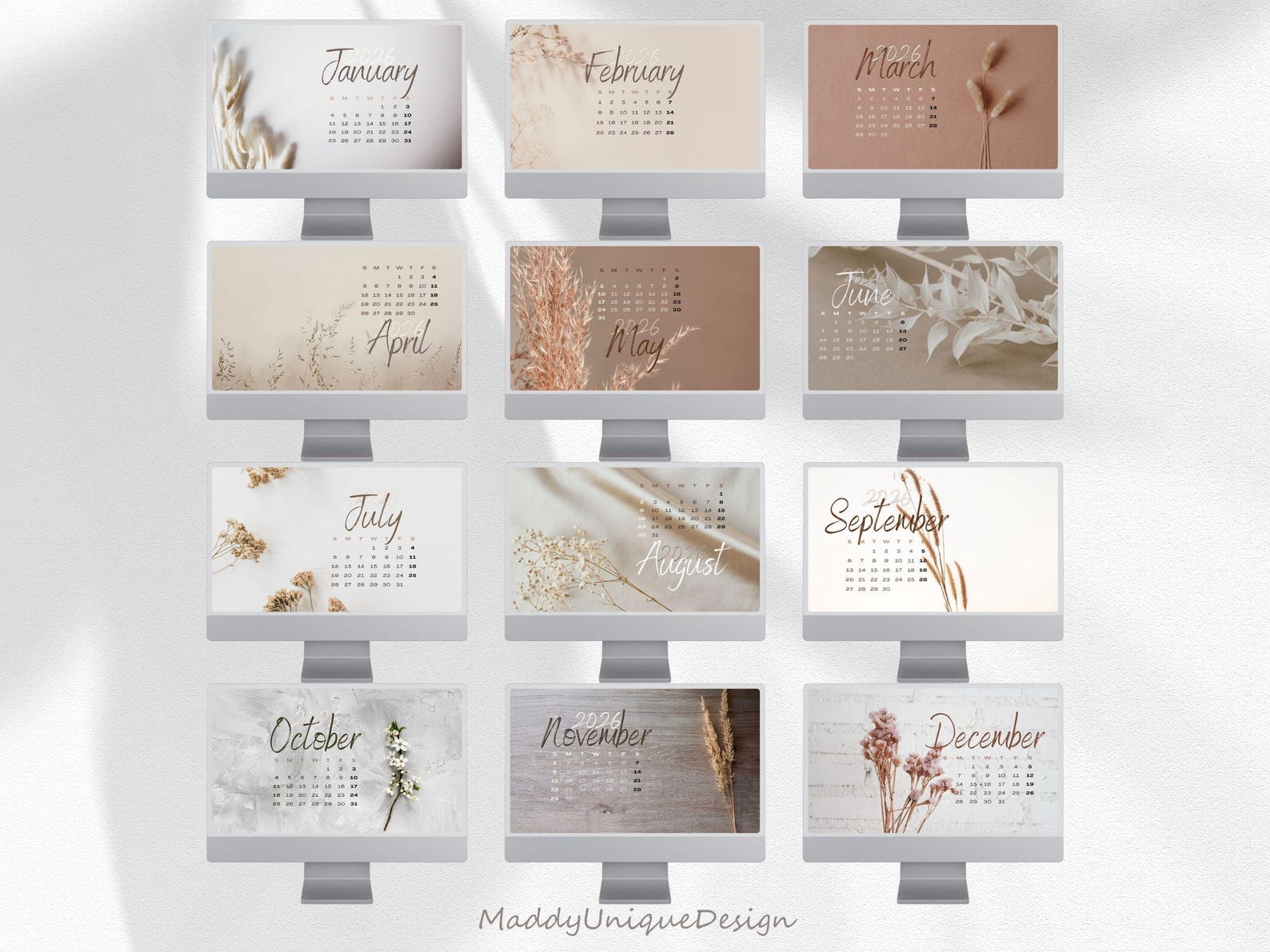 2026 Desktop Calendar Wallpaper, Aesthetic Floral Monthly Calendar ...