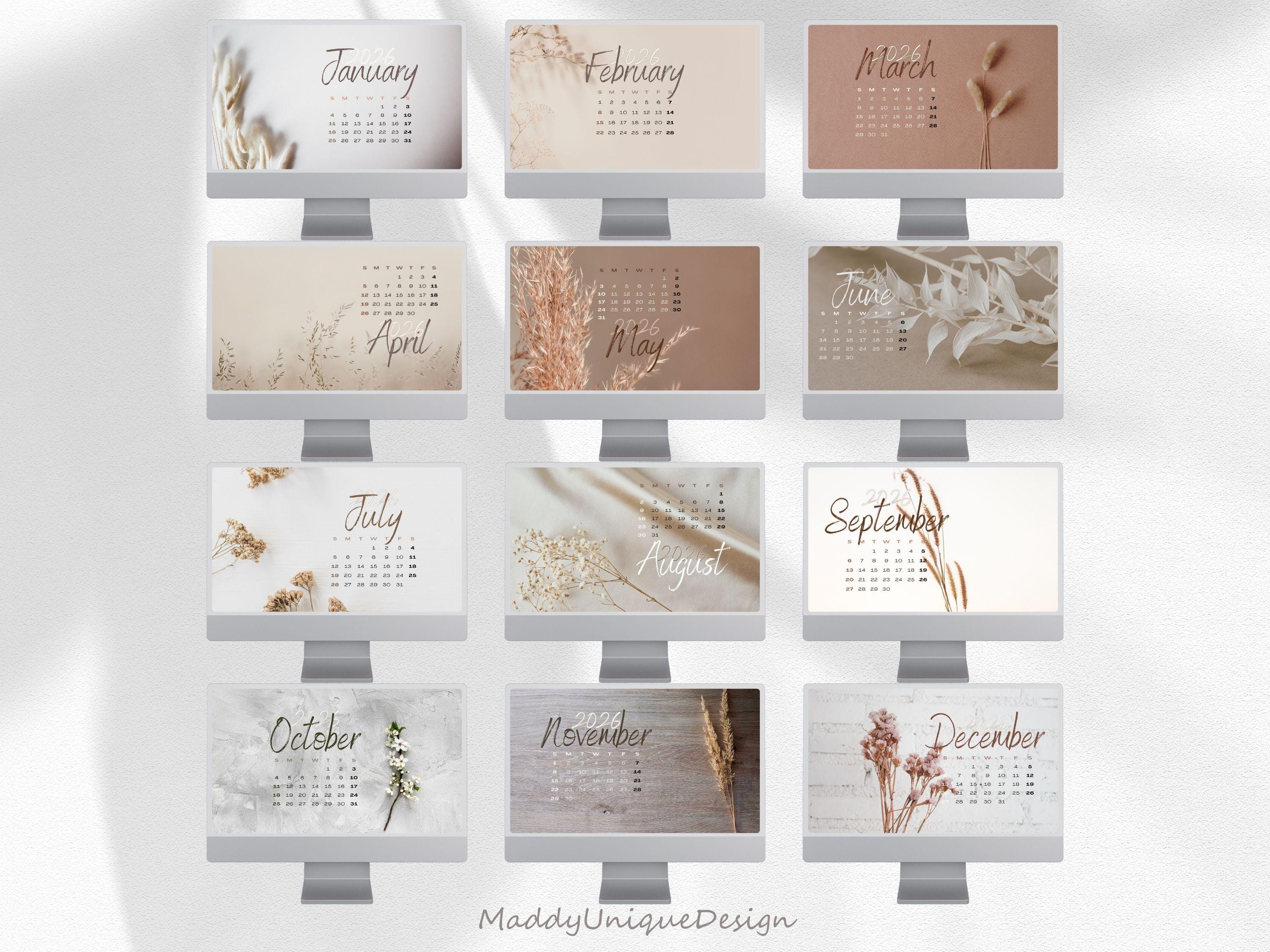 2026 Desktop Calendar Wallpaper, Aesthetic Floral Monthly Calendar ...