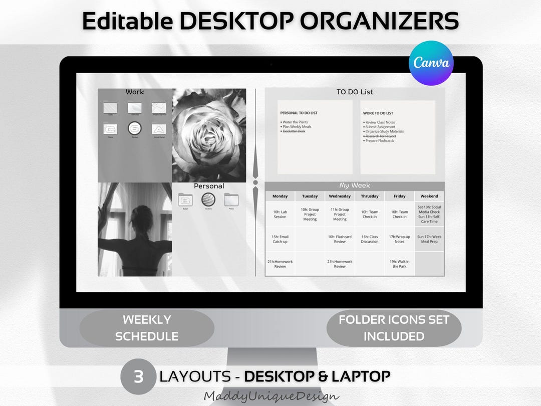 EDITABLE Desktop Wallpaper Organizer Gray Template | Weekly Schedule ...
