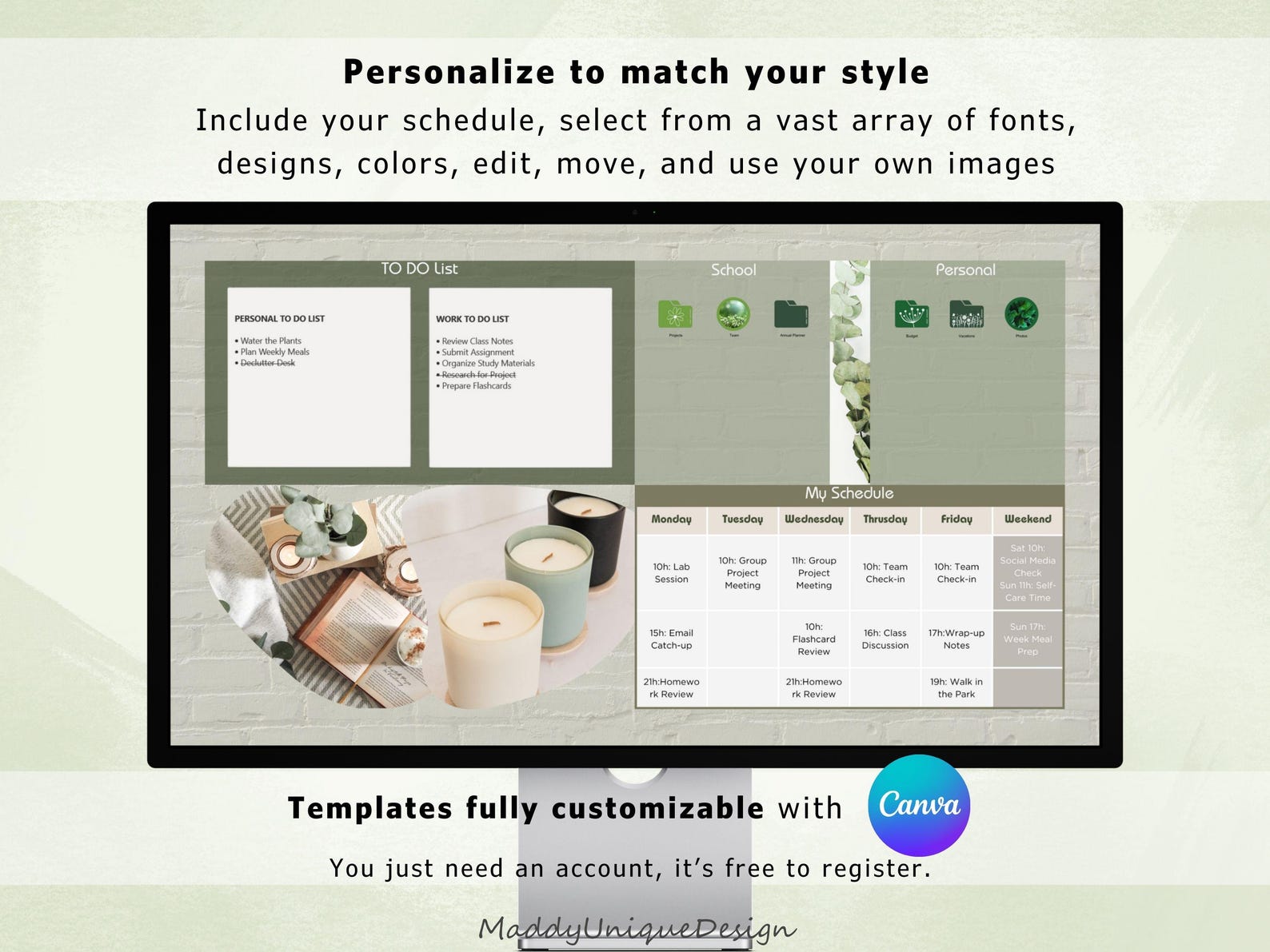 EDITABLE Desktop Wallpaper Organizer Green Template Weekly Schedule for ...