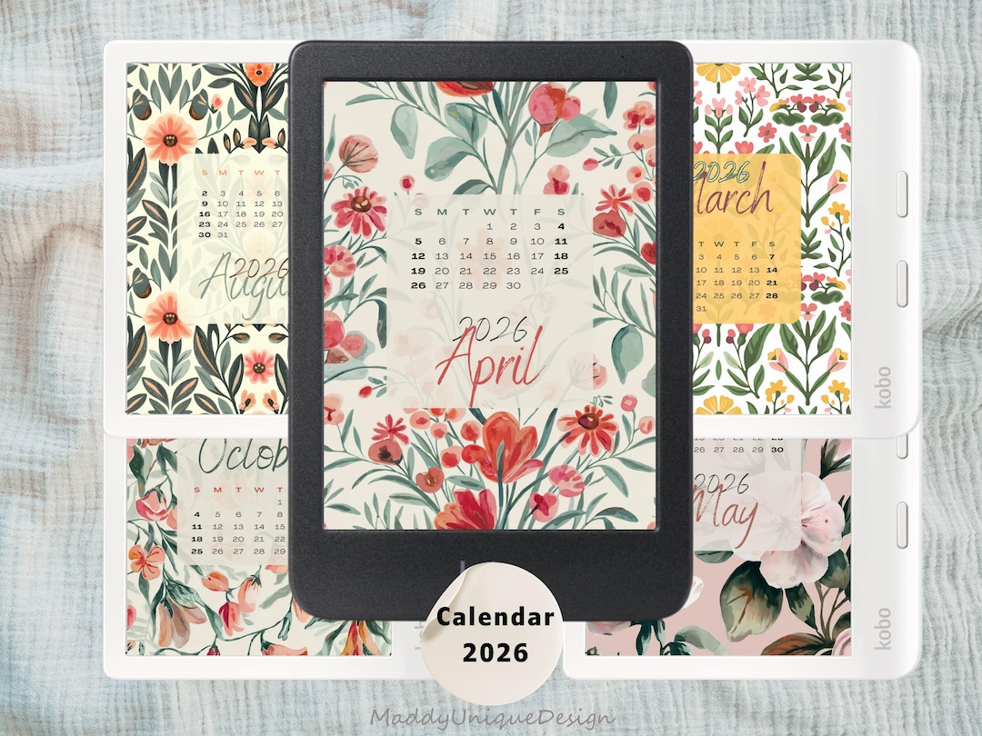 Floral Kobo Screensaver 2026 Monthly Calendar for Kobo Libra Colour ...