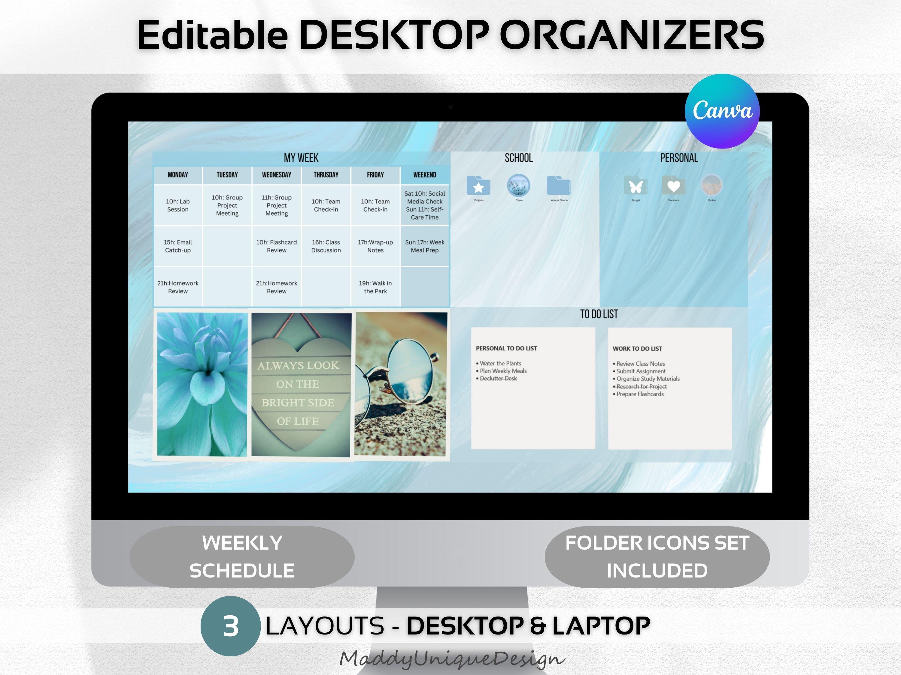 EDITABLE Desktop Wallpaper Organizer Blue Template Weekly Schedule for ...