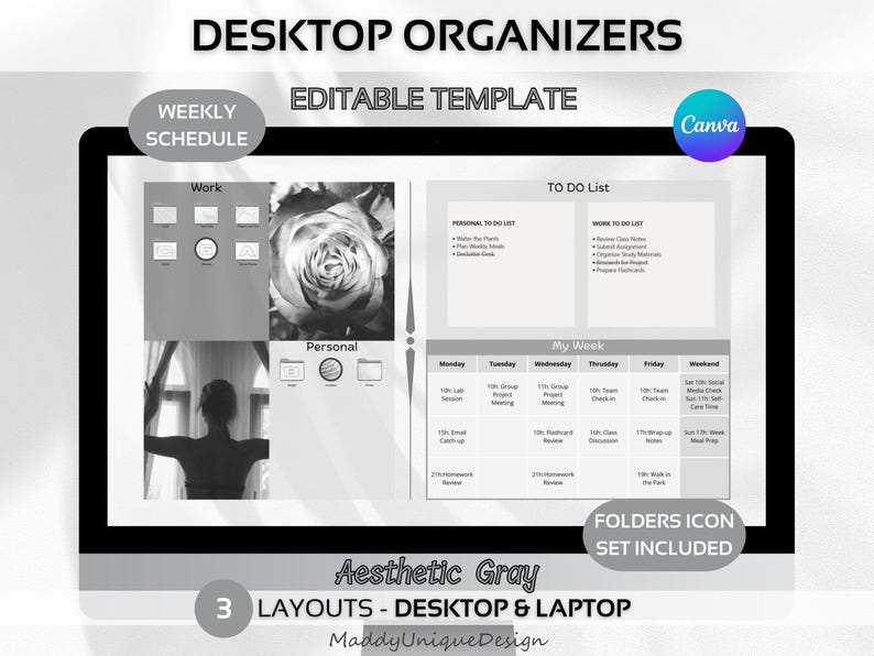 EDITABLE Desktop Wallpaper Organizer Gray Template Weekly Schedule for ...