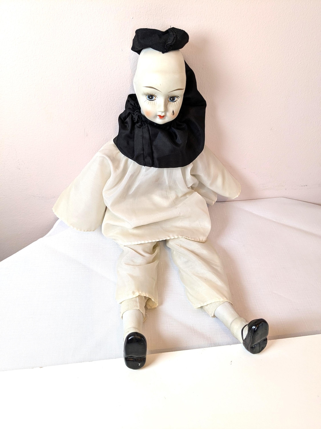 Vintage Pierrot Doll Clown Porcelain Face Hands Feet Soft Body 18 Inch ...