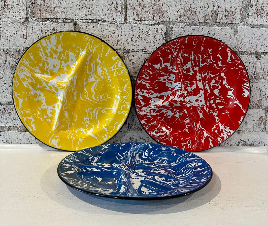 Set of 3 Vintage Enamelware Divided Plates, Red Blue & Yellow ...