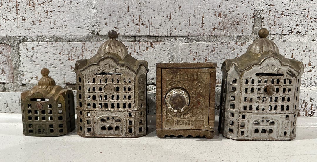 Antique Cast Iron Still Banks: Figural Building & Union Safe ...