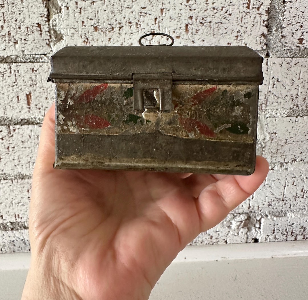 Antique Miniature Toleware Box With Folk Art Painted Decoration, Old ...