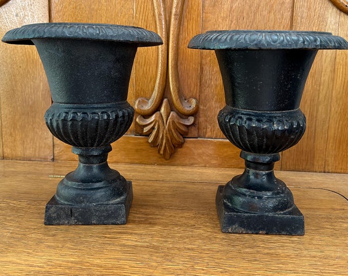 Antique Vintage Cast Iron Garden Pillar Urns, Miniature Black ...
