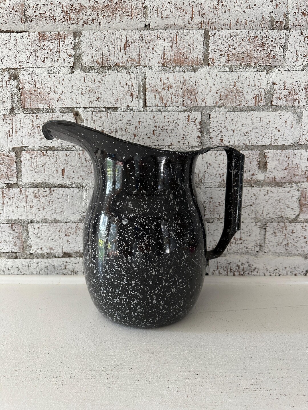 Vintage US Navy WWII Enamelware Water Pitcher, Oversized Black Speckled ...