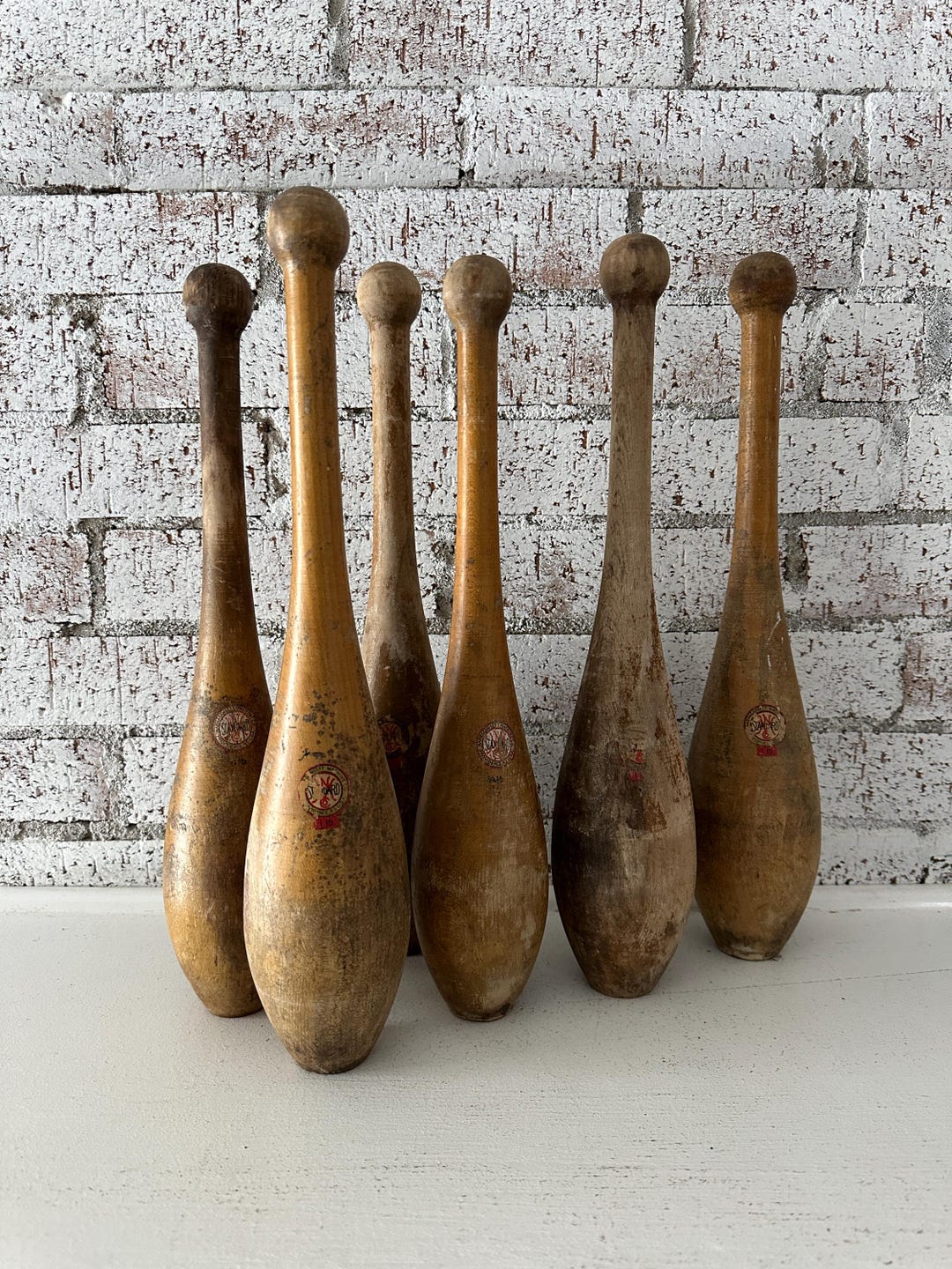 Antique Mixed Set of 6 Wood Juggling Pins, Bowling Pins, Narragansett ...