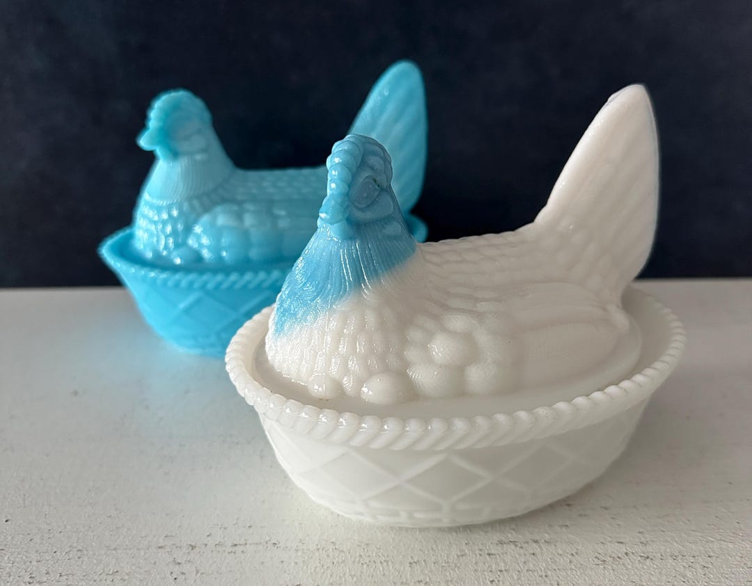 Vintage Milk Glass Hens on Nests, Blue Slag Glass, Candy Dish, Trinket ...