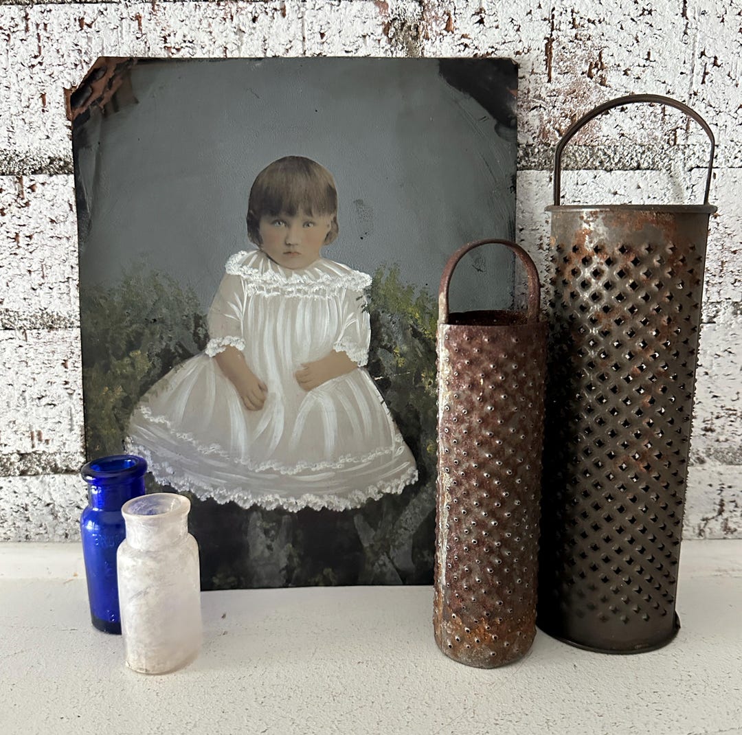 Antique Design Bundle: Painted Tin Type Photo, Primitive Tin Graters ...