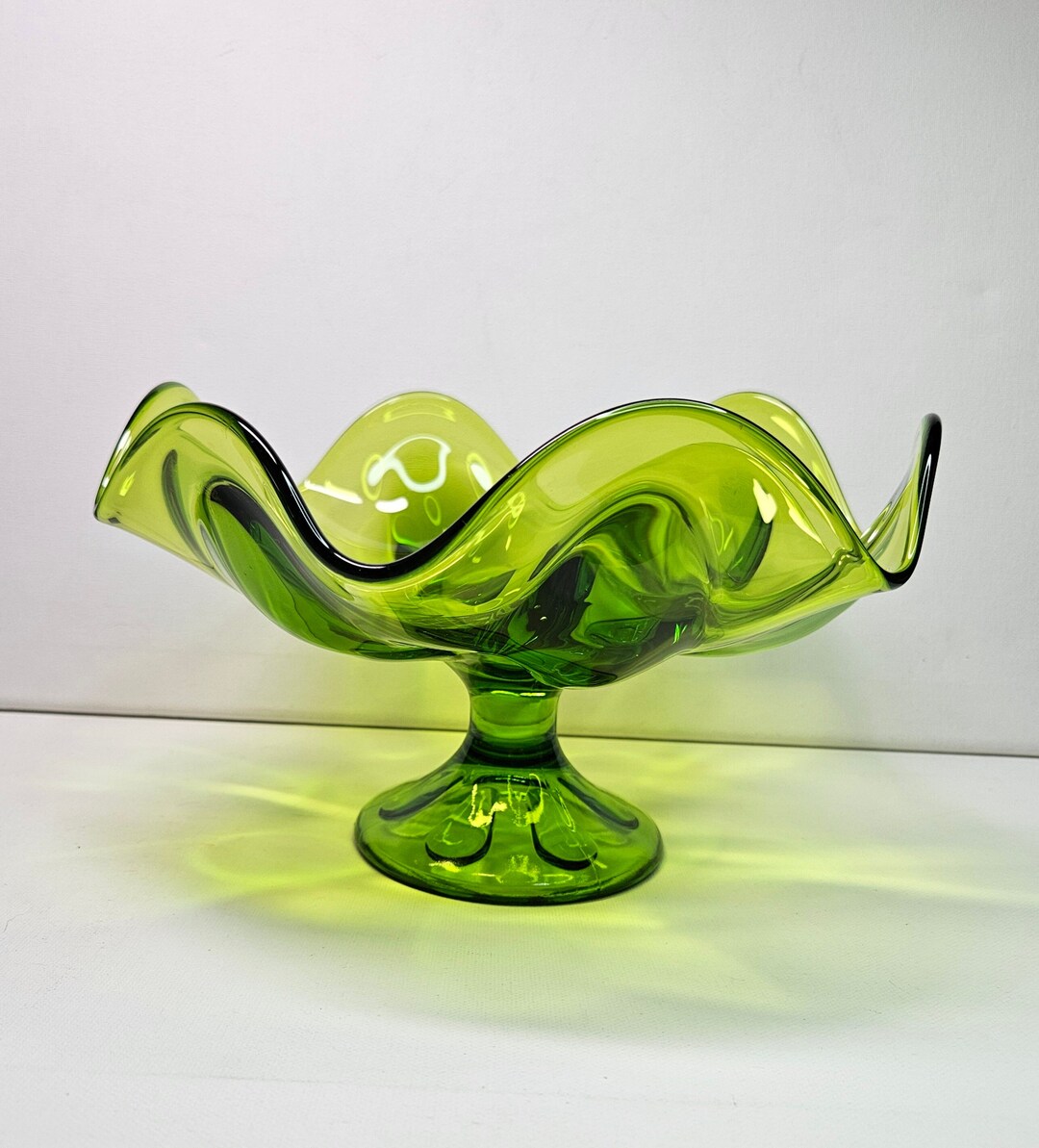 Vintage MCM Viking Glass Green 6 Pedal Compote - Pedestal Console Bowl ...