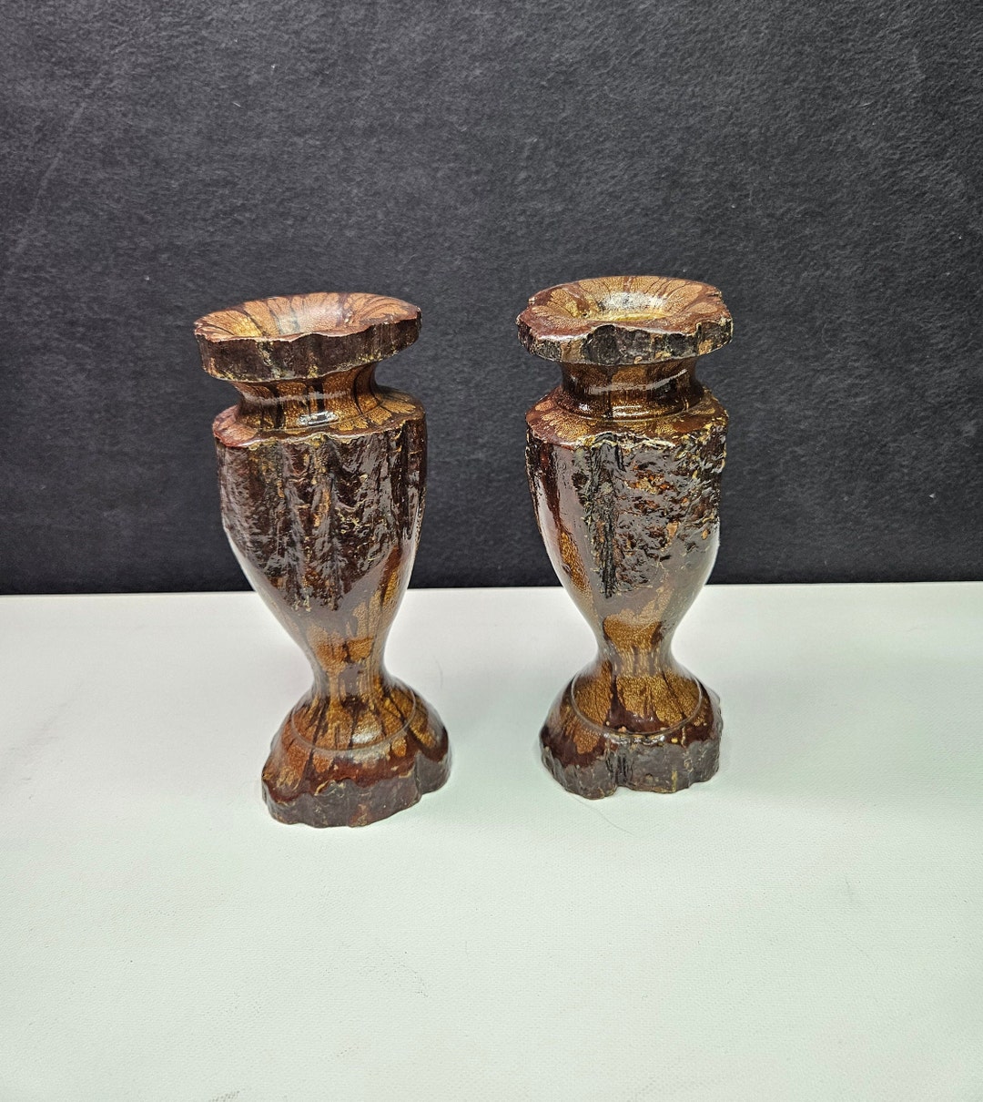 Pair of Vintage Rustic Wood Candlesticks 7" Tall and 2.75" Wide Holds 0 ...