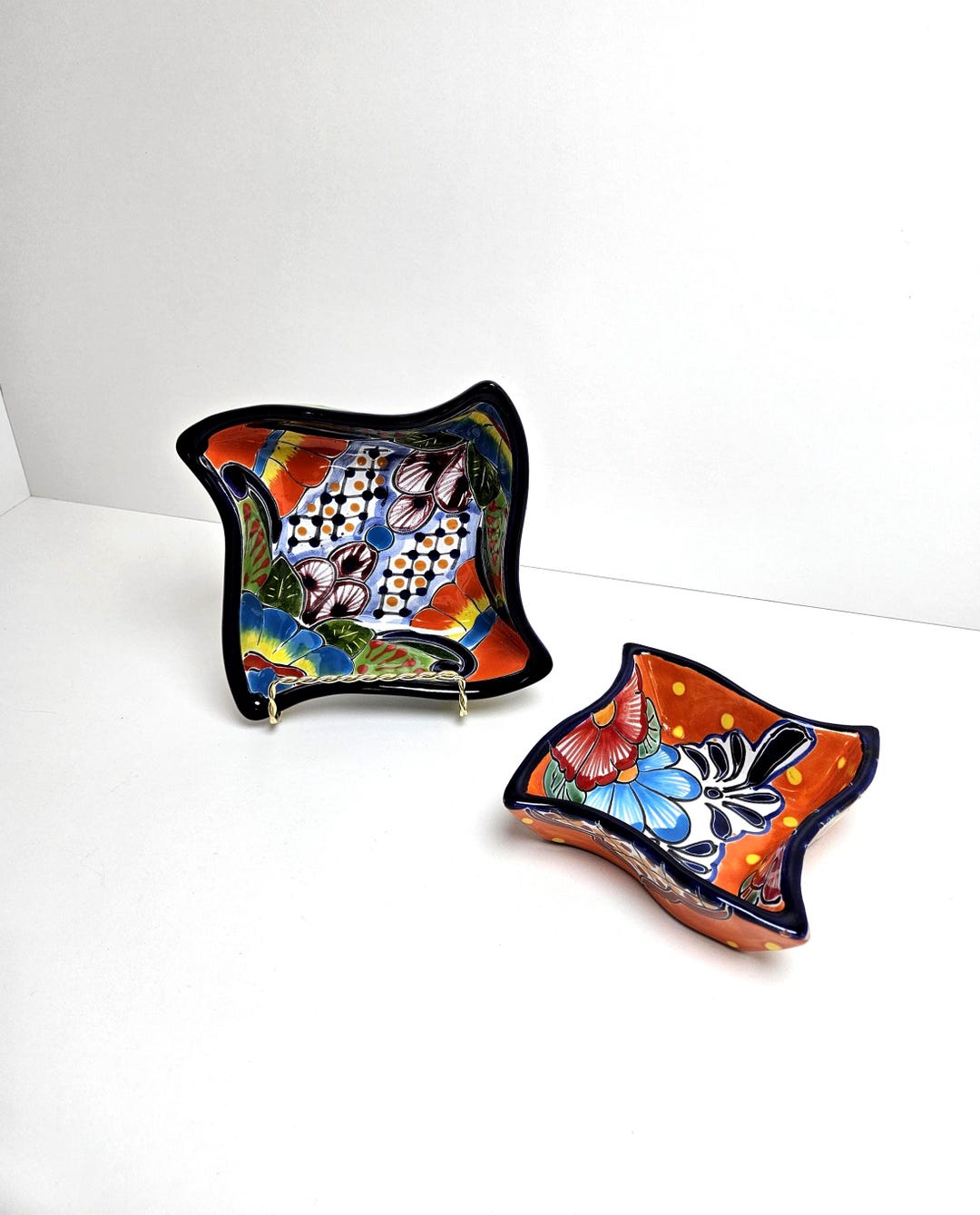 Set of 2 Vintage Nested Talavera Square Mexican Folk Art Colorful ...