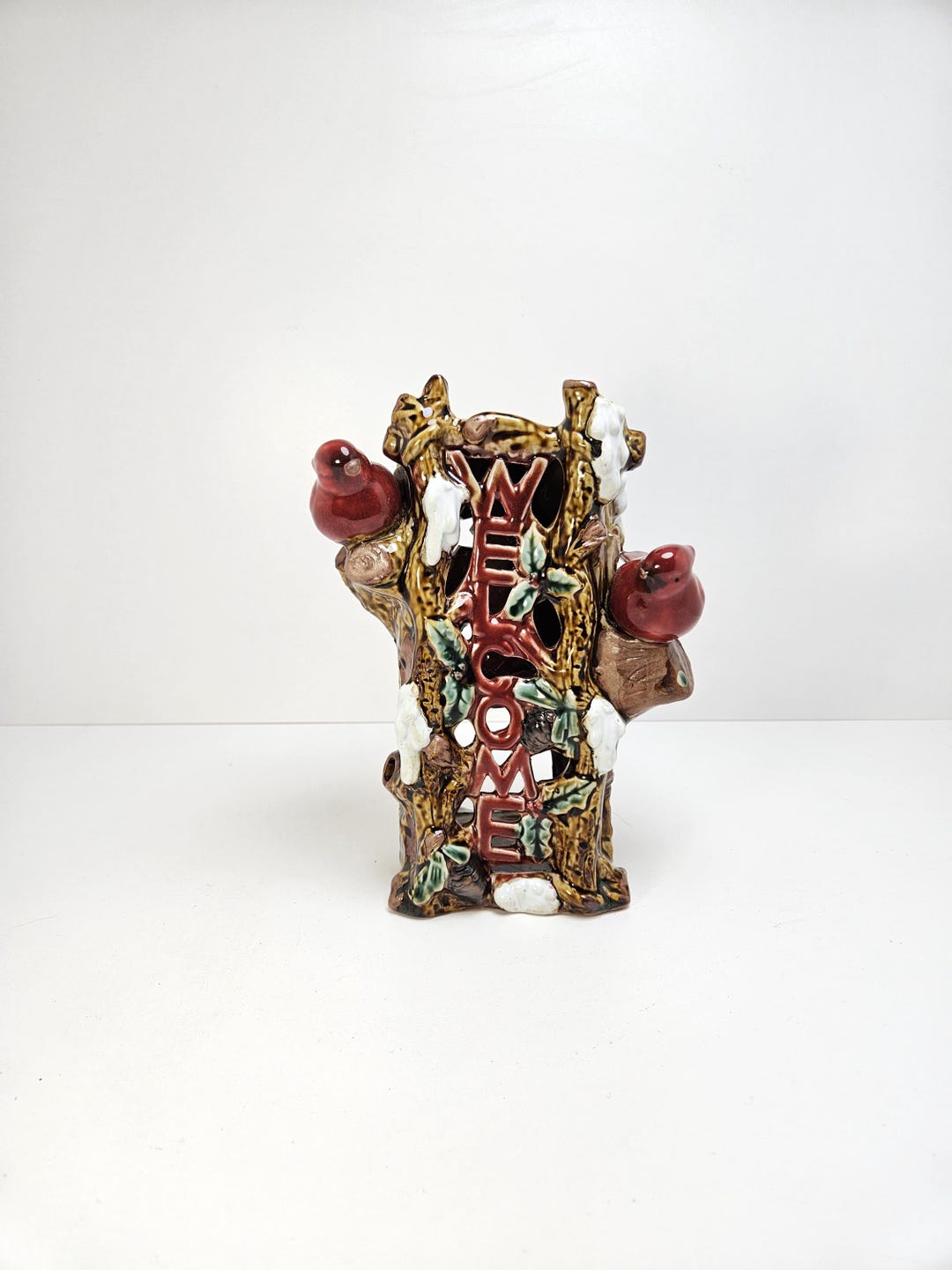 Holiday Welcome Luminary Tree Stump With Cardinals Majolica or Majolica ...