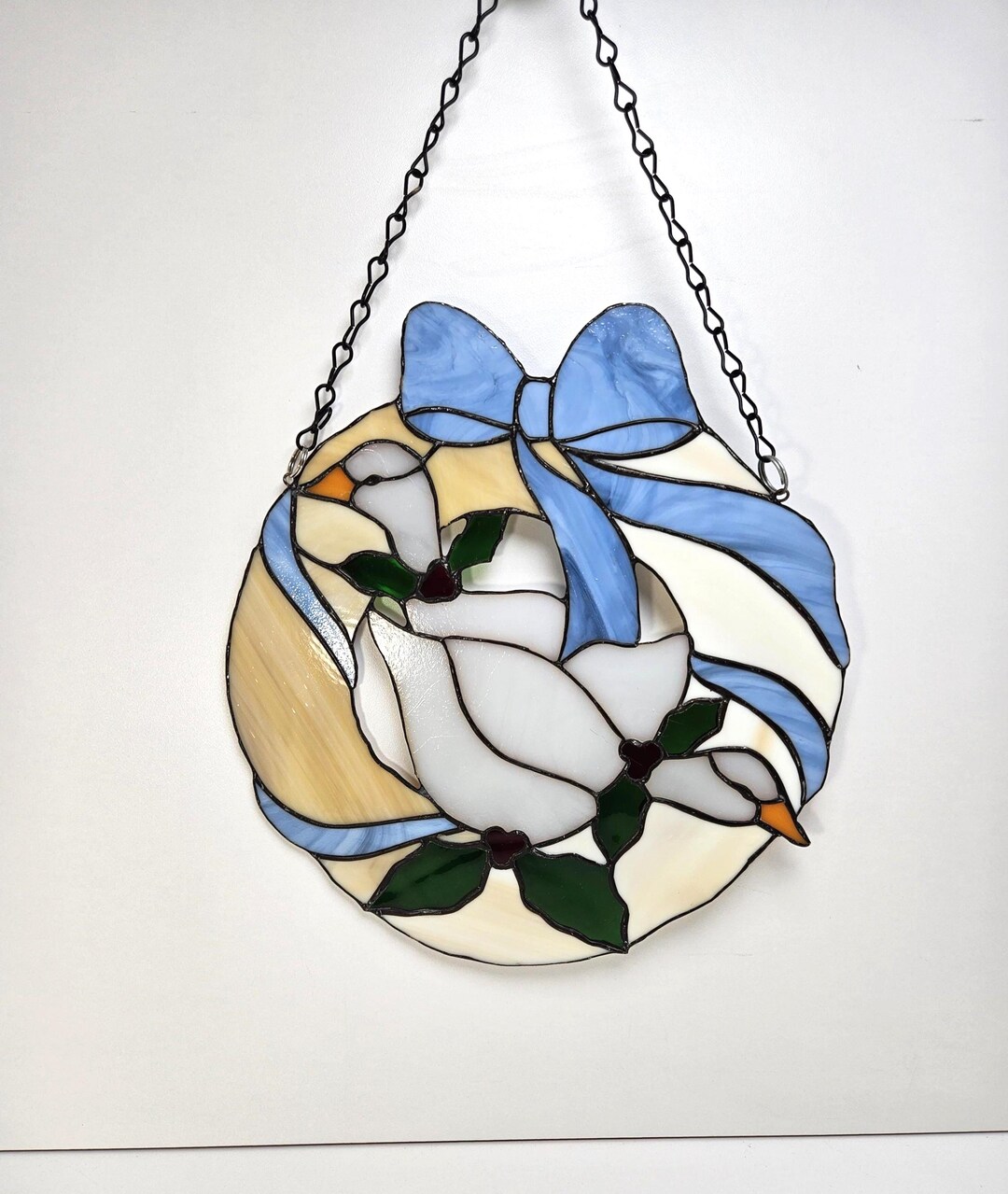 Stained Glass Suncatcher Geese With Blue Bows and Holly Farmhouse ...