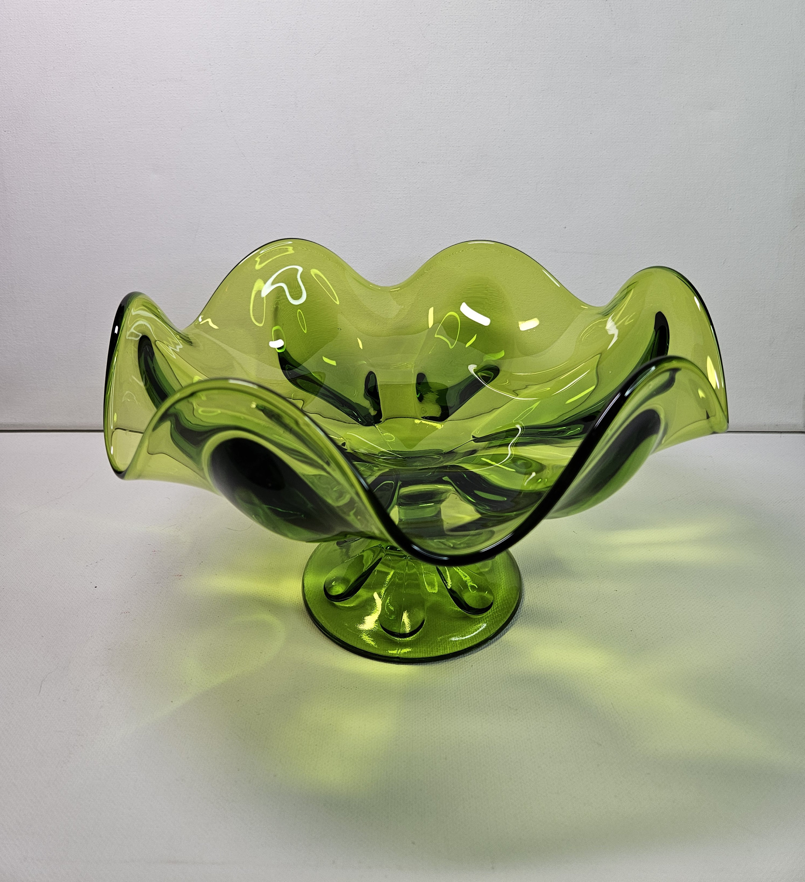 Vintage MCM Viking Glass Green 6 Pedal Compote - Pedestal Console Bowl ...