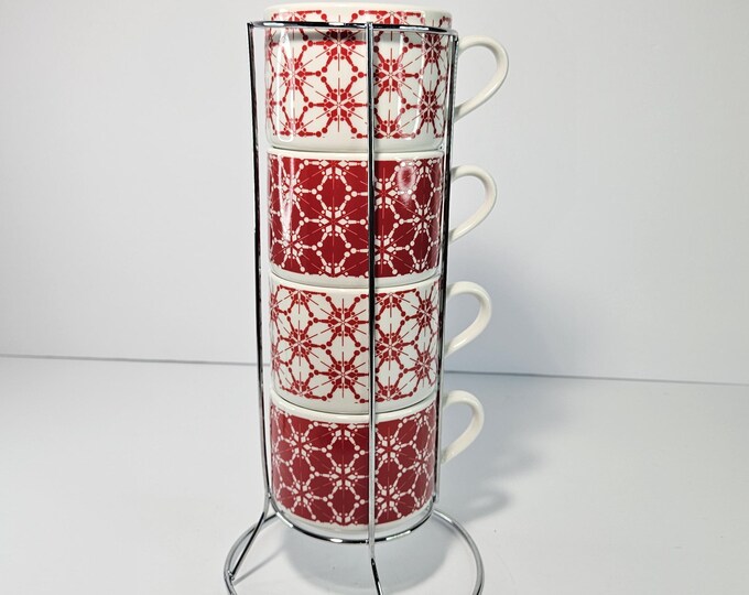 Avon Living Holly Dot Stackable Red and White Coffee Mugs With Holder ...