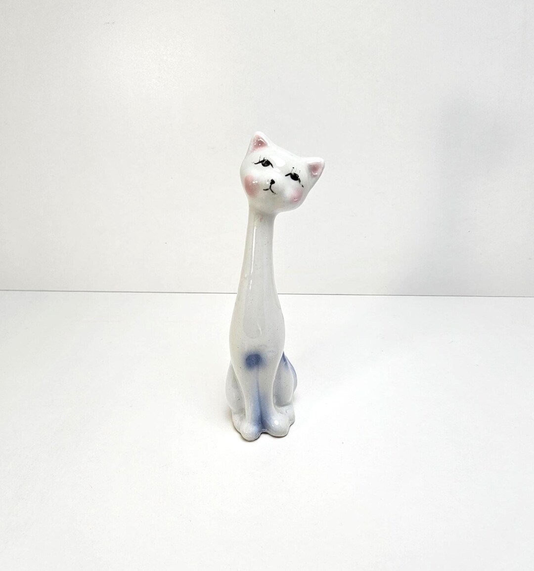 Long Neck Cat Figurine White Blue Hombre Pink Cheeks 8" MCM - Etsy