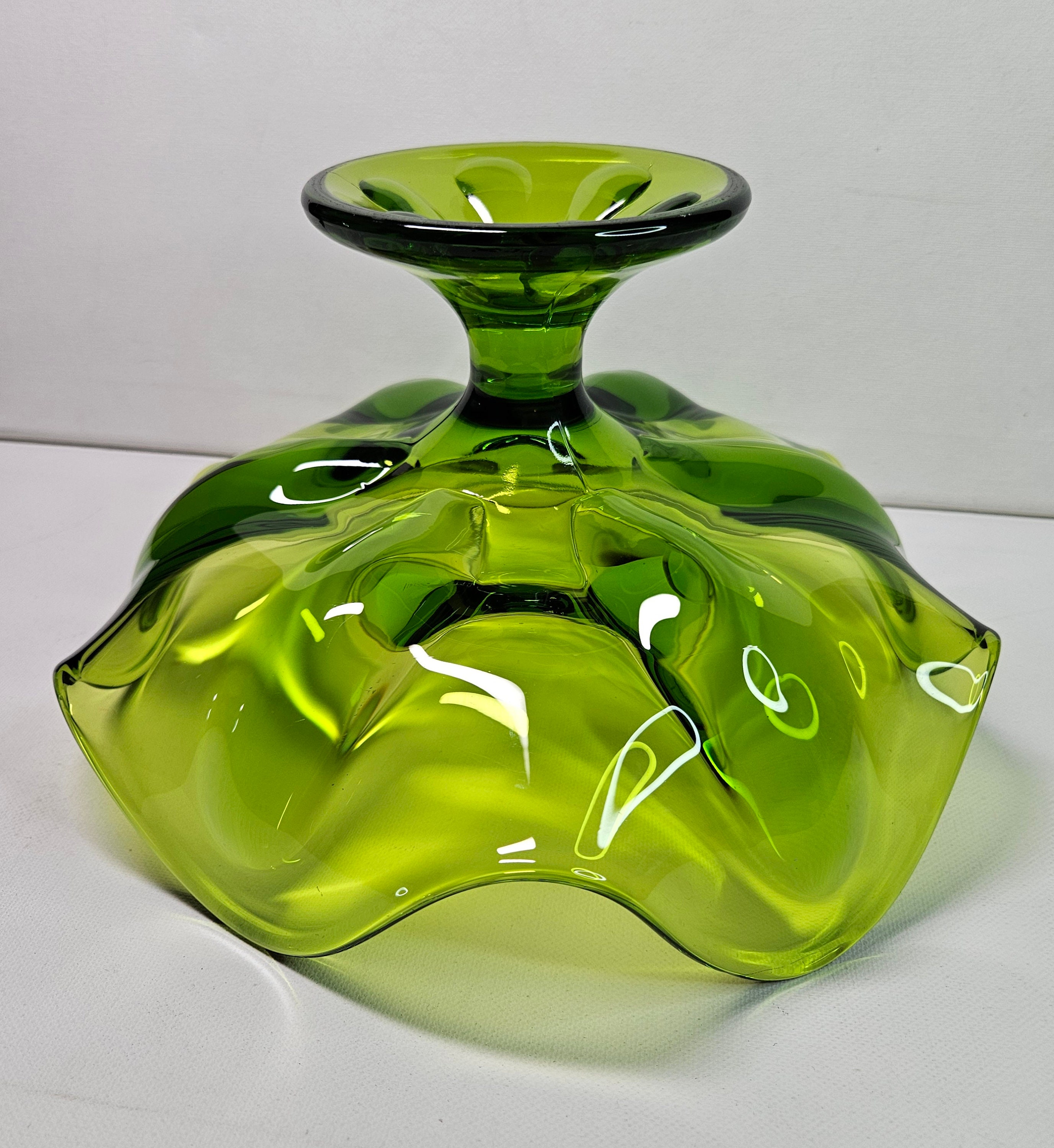 Vintage MCM Viking Glass Green 6 Pedal Compote - Pedestal Console Bowl ...