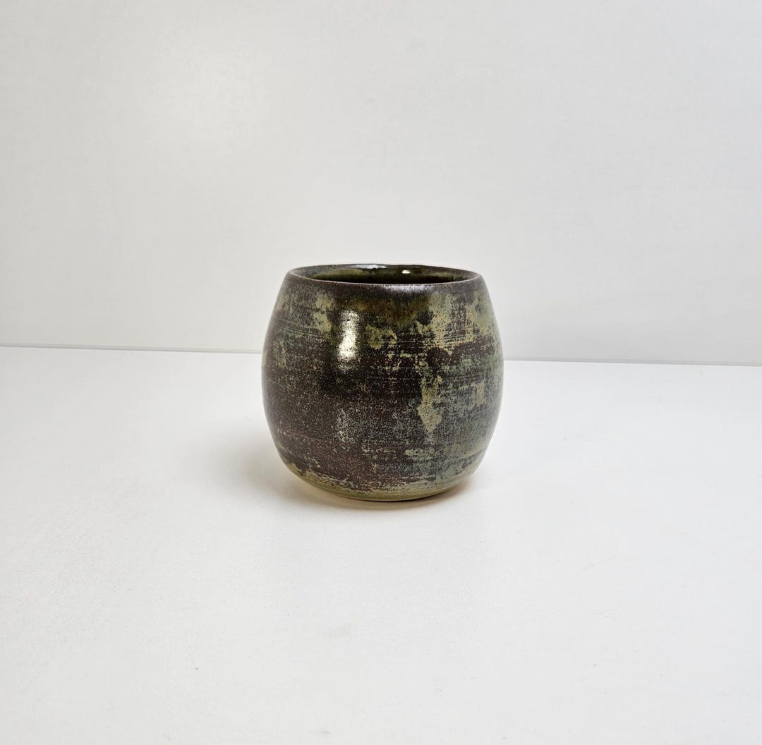 Olive Green Mottled Art Pottery Vessel Vase Planter Cup Signed 3" X 2. ...