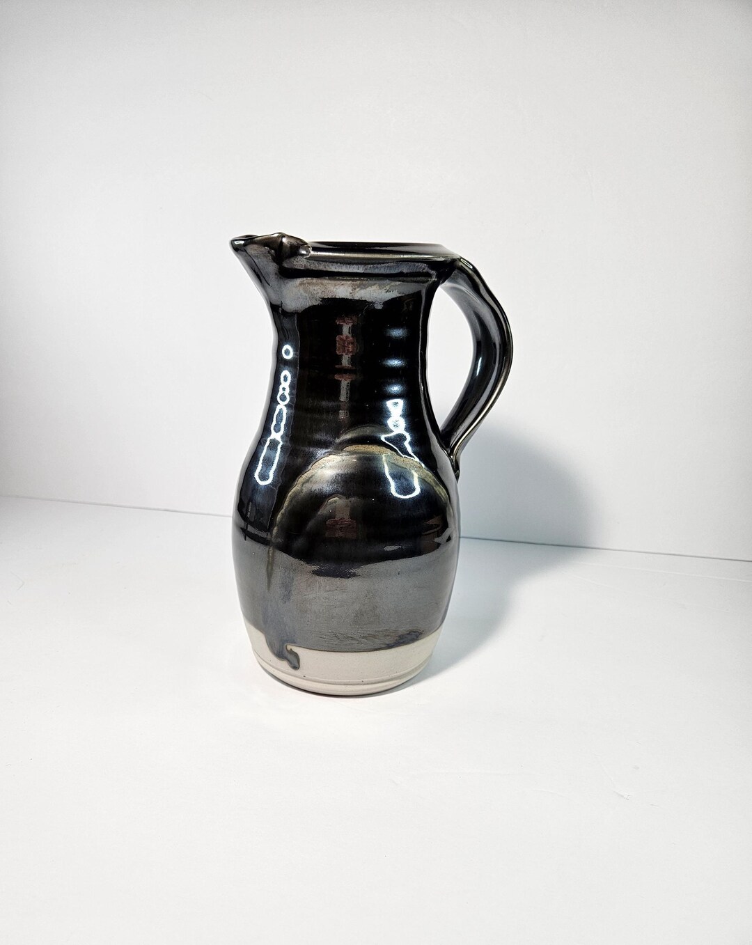 Vintage Handmade Metallic Black Glazed Pottery Pitcher W/ Handle ...