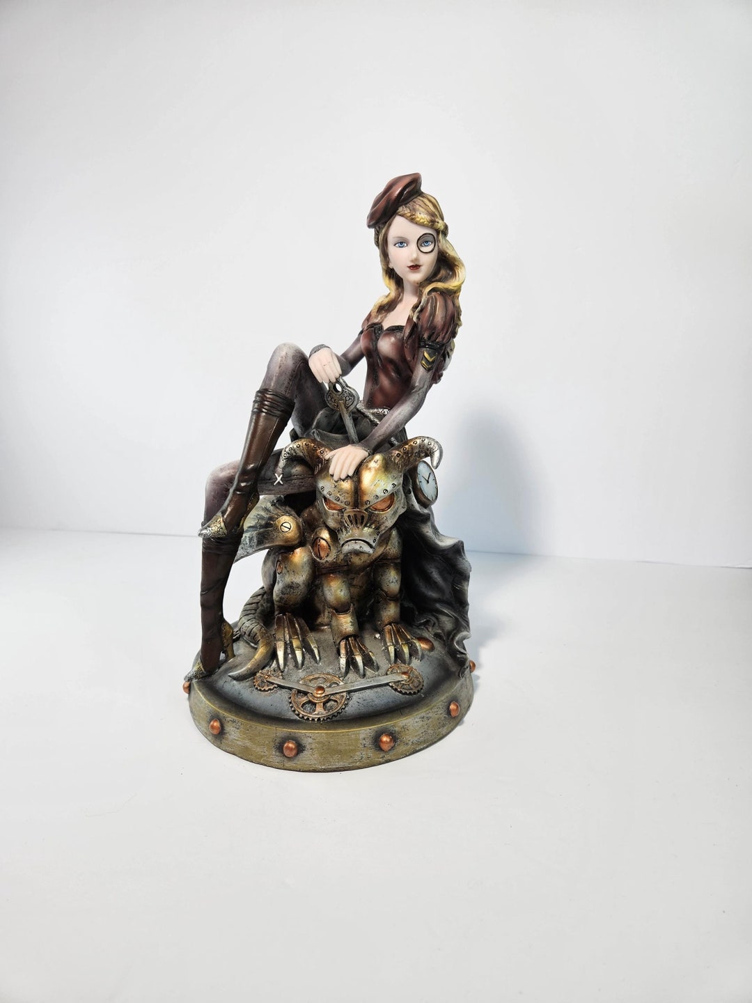 Large Steampunk Lady Fairy on Gargoyle -- 10.5" Tall, 6" Wide at Base ...