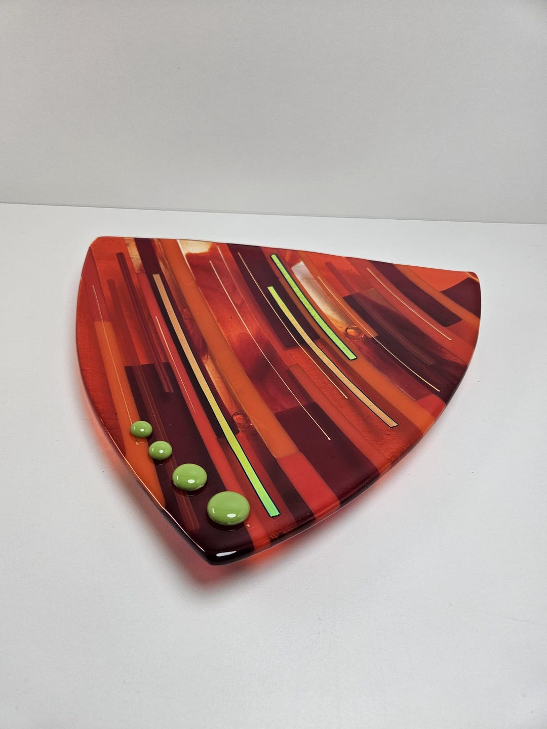 Robin Larson Signed Fused Art Glass Triangle Decor Piece Orange Green ...
