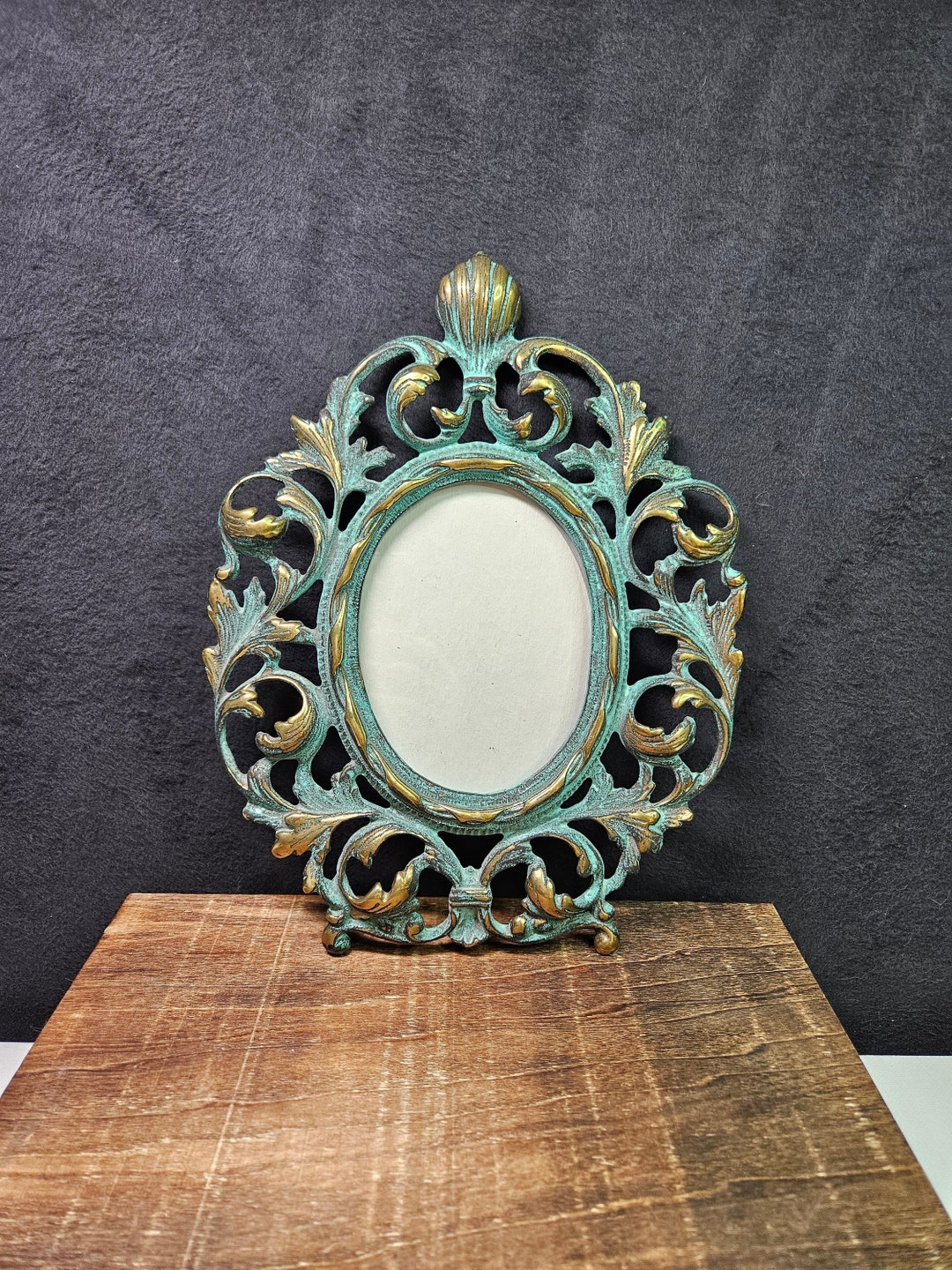 Vintage Heavy Solid Brass Ornate Scroll Oval Frame With Aged Green ...