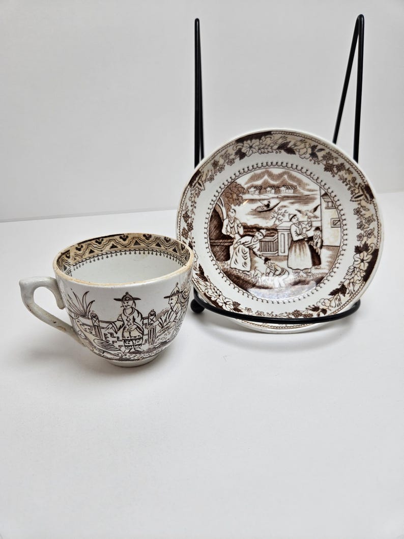 Antique Chinoiserie Porcelain Tea Cup and Saucer Brown Transferware ...