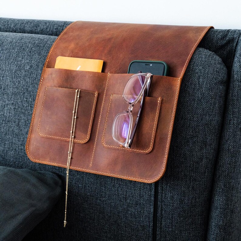 Handmade Leather Sofa Armrest Organizer: Rustic Living Room Caddy - Etsy