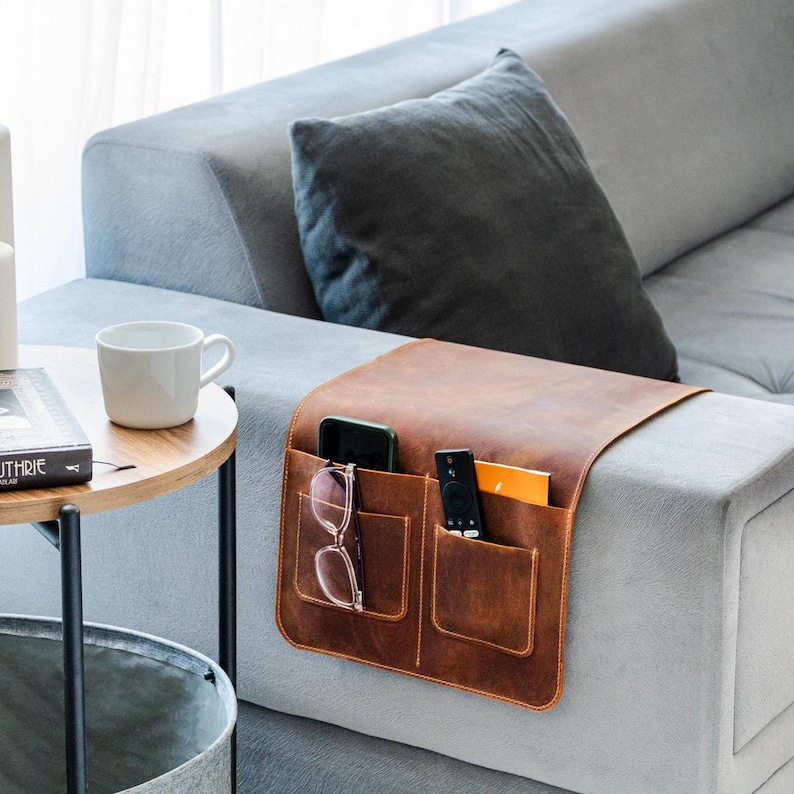 Handmade Leather Sofa Armrest Organizer: Rustic Living Room Caddy - Etsy