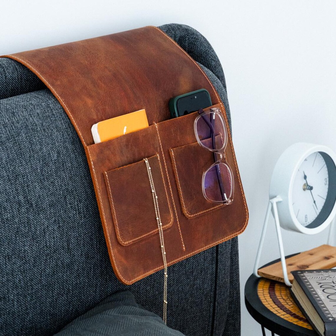 Handmade Leather Sofa Armrest Organizer: Rustic Living Room Caddy - Etsy