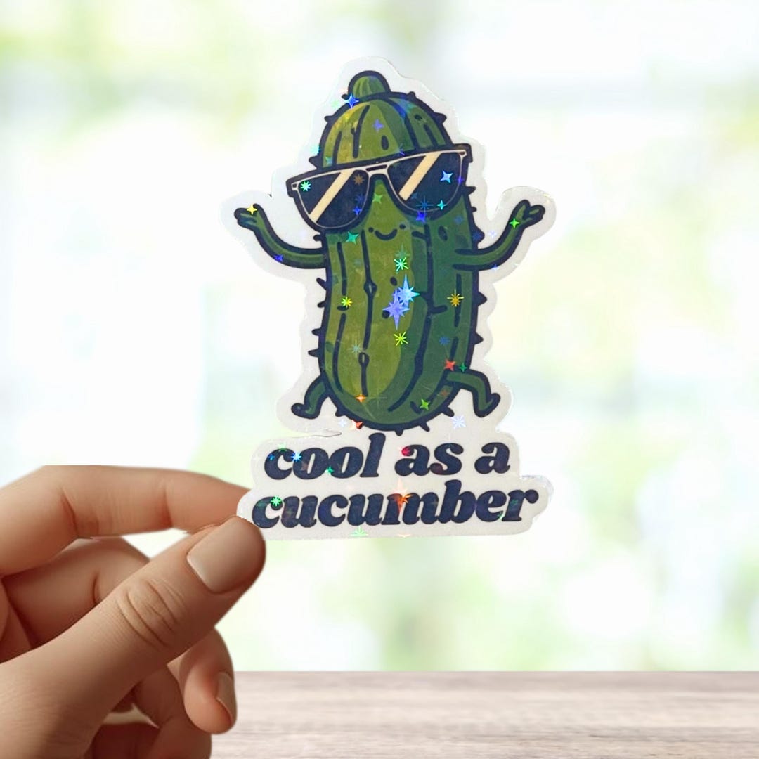 Retro Cool as a Cucumber Holographic Sticker, Silly Design Pickle Decal ...