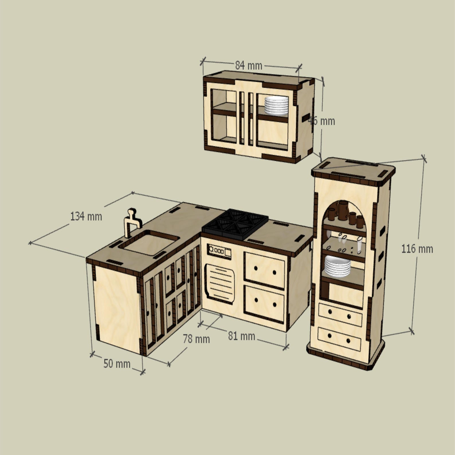 1:12 Scale Miniature Kitchen Furniture, Laser Cut Files (svg, Cdr, Dxf ...