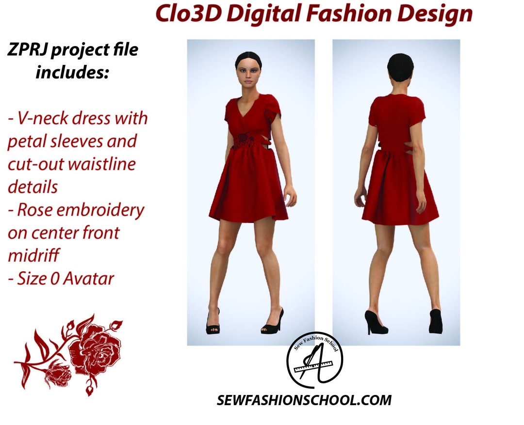 Clo3d Digital Fashion Design Project File V-neck Dress With Petal ...