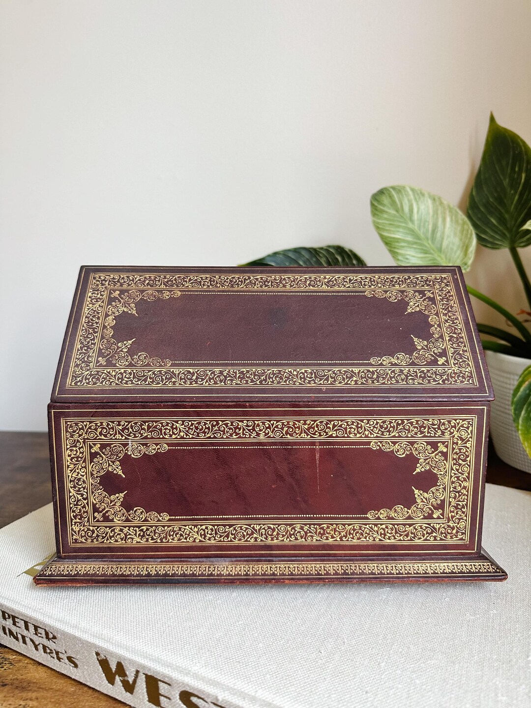 Antique Leather Letter Box, Leather Stationery Desk Box, Red Gold ...