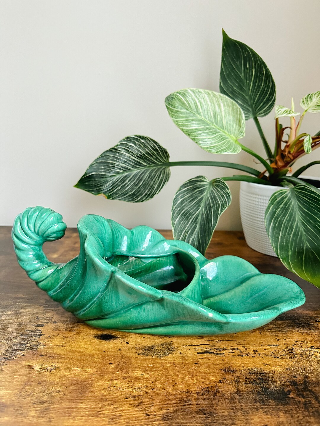 Vintage Green Drip Glaze Ceramic Cornucopia Planter With Trinket Dish ...