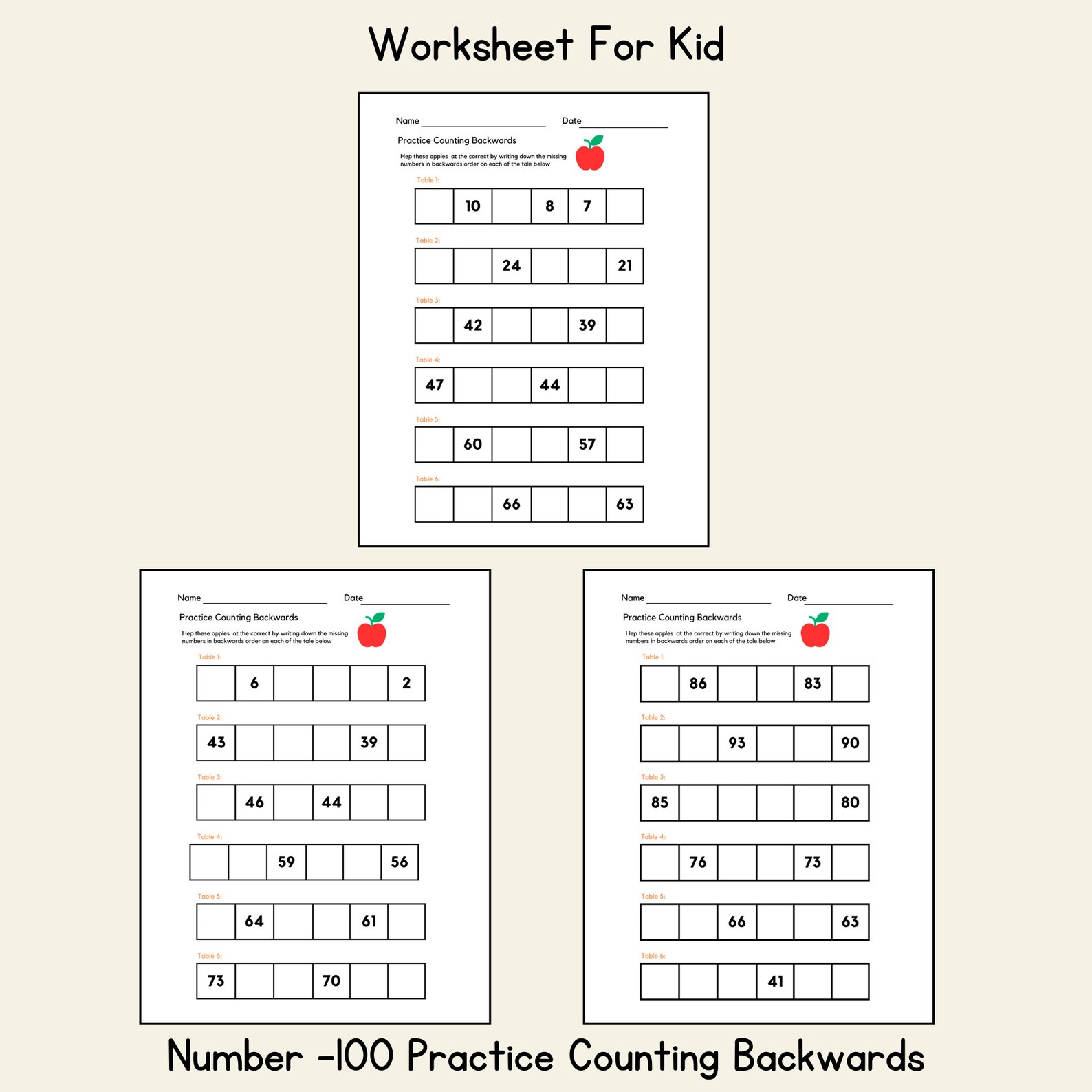 Worksheet for Kid, Number 1-100 Practice Counting Backwards, Worksheet ...