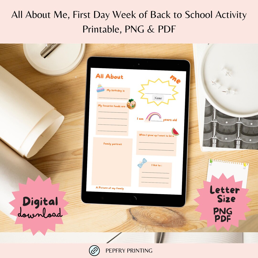 Digital Download All About Me Printable First Day Week of Back to ...