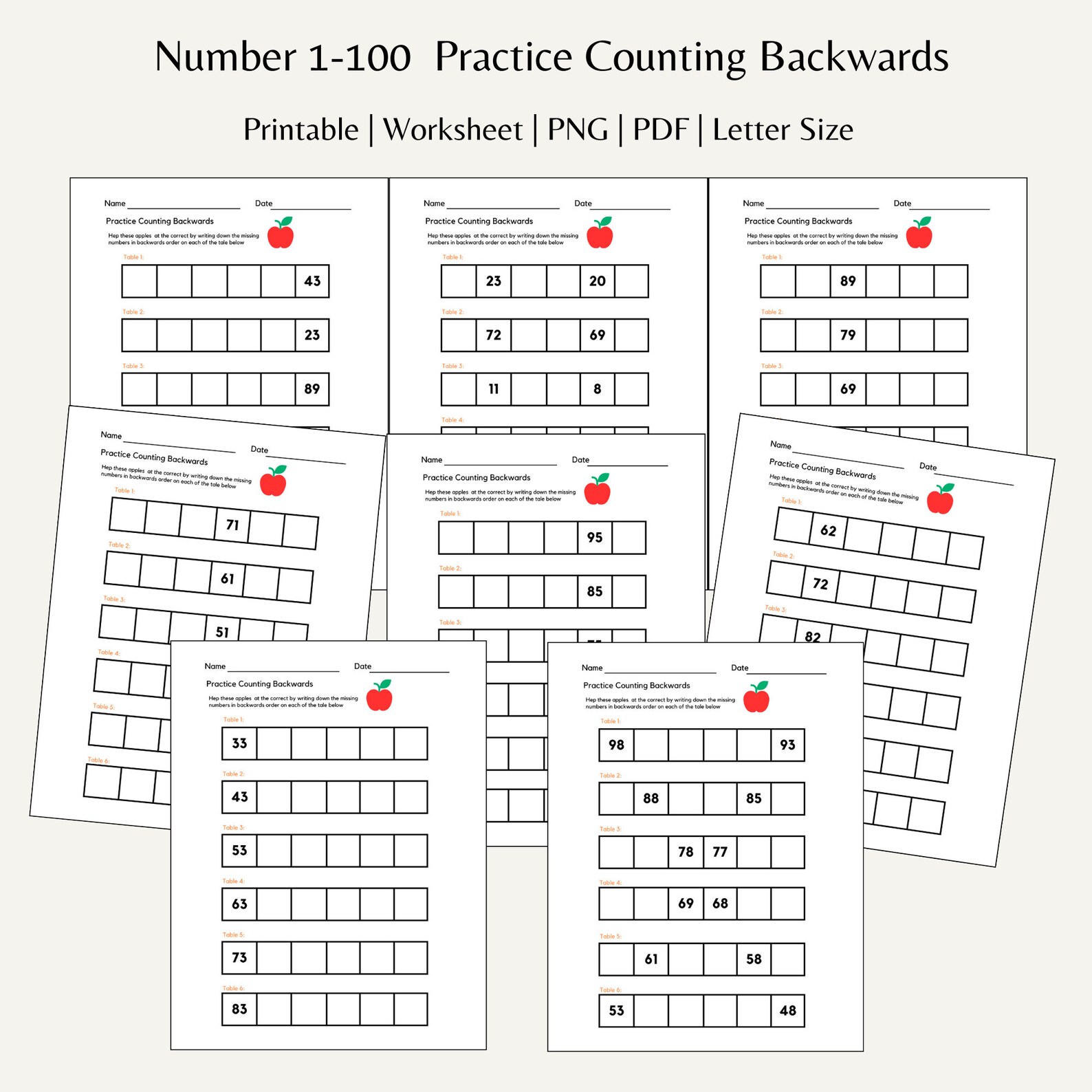 Worksheet for Kid, Number 1-100 Practice Counting Backwards, Worksheet ...