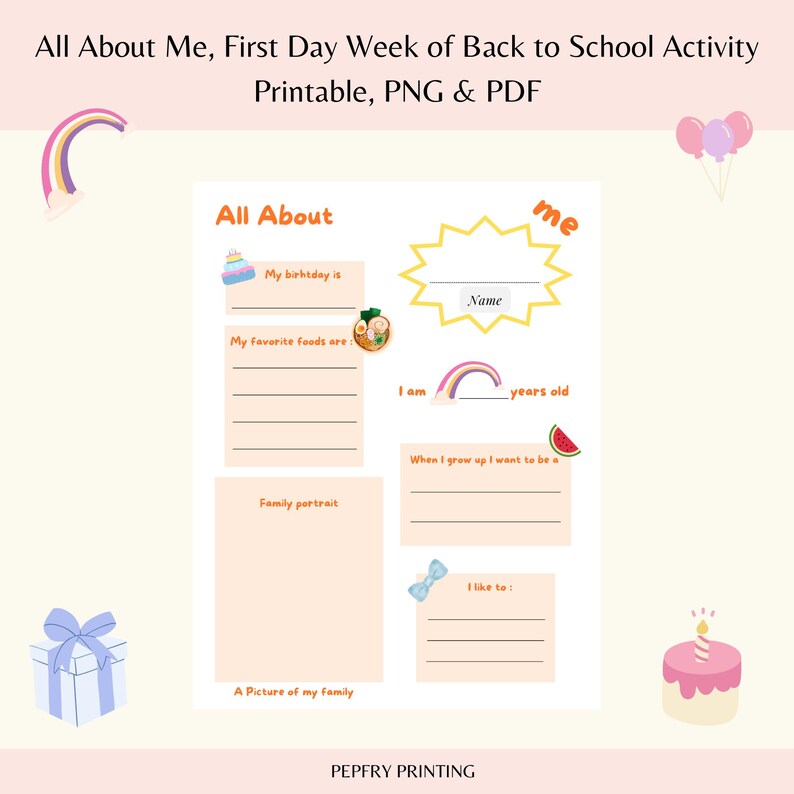 Digital Download All About Me Printable First Day Week of Back to ...